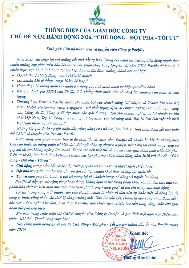 THÔNG ĐIỆP CỦA GIÁM ĐỐC CÔNG TY CHỦ ĐỀ NĂM HÀNH ĐỘNG 2026: “CHỦ ĐỘNG ...